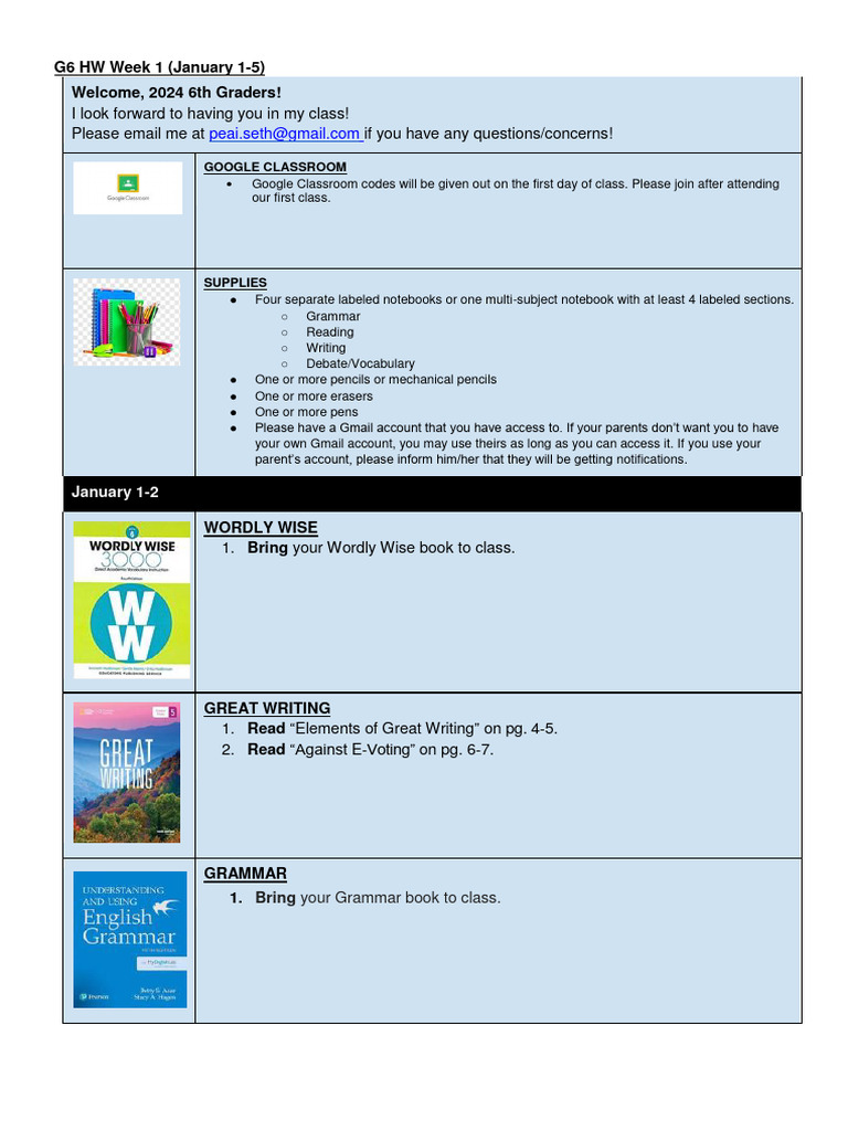 6th Grade Week 1 Class Overview | PDF | Writing | Human Communication