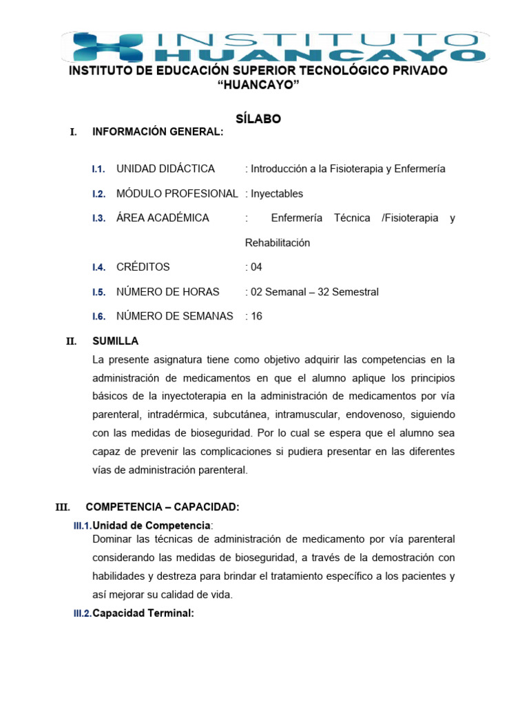 Silabo de Inyectoterapia | PDF | Medicamentos con receta | Inyección (medicina)