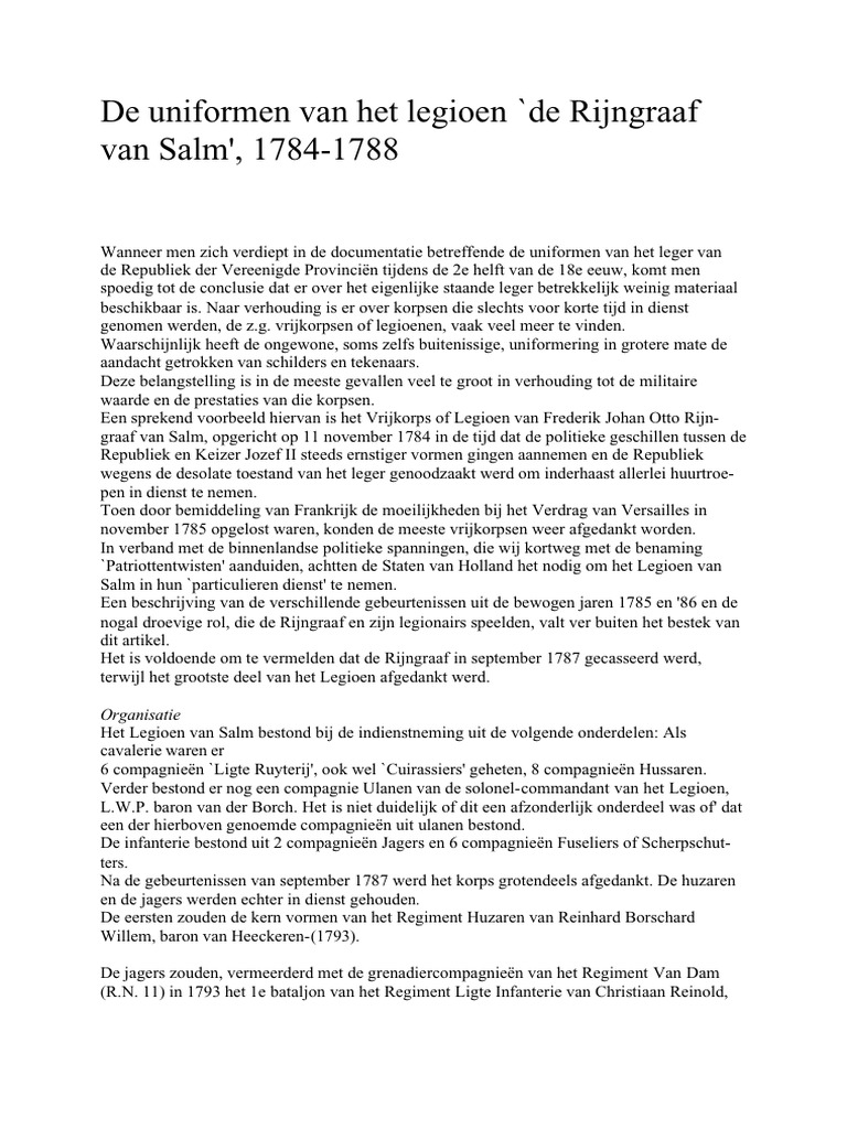 De Uniformen Van Het Legioen 'De Rijngraaf Van Salm', 1784-1788 | PDF