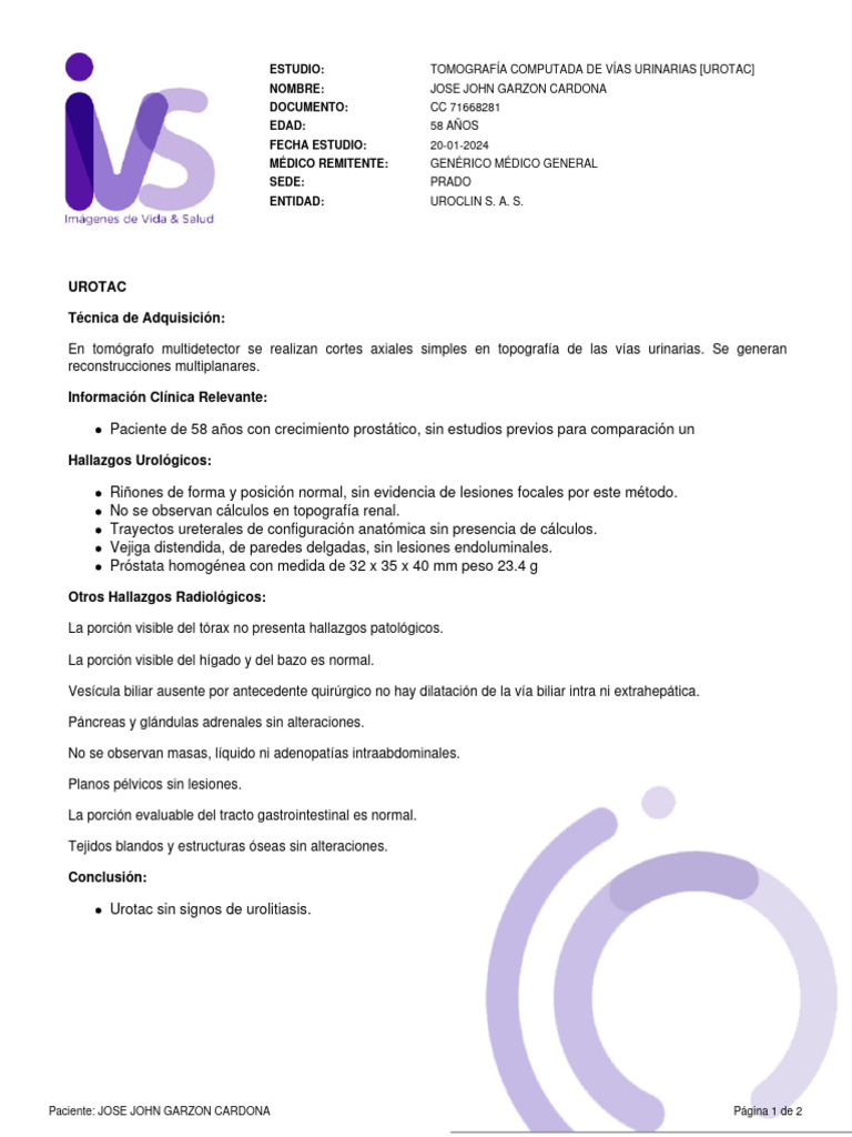 Informe de UROTAC de Vías Urinarias | PDF | Sistema urinario ...