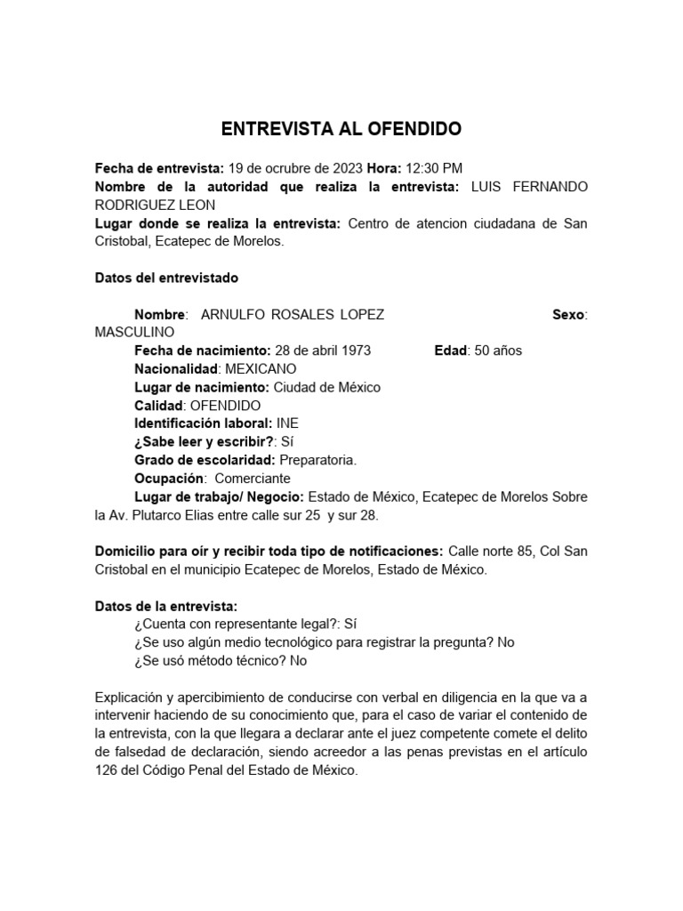 Carpeta de Investigacion (Entrevista Al Ofendido) | PDF | México | Crímenes
