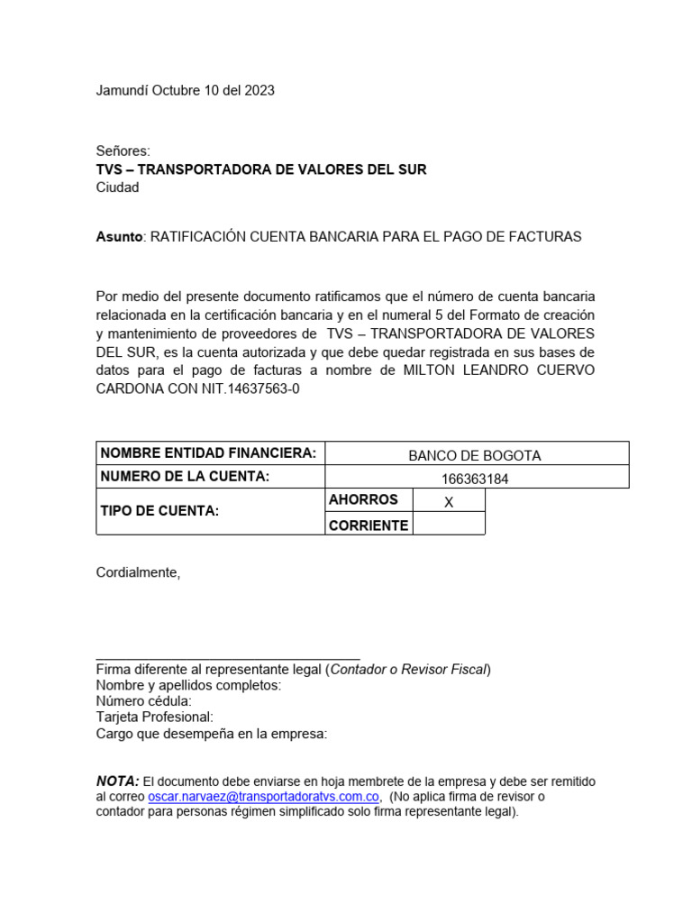 3 - Formato Ratificacion Cuenta Bancaria 1 | PDF