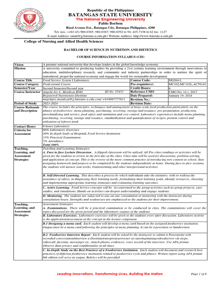 Food Service Systems Course Syllabus | PDF | Dietitian | Leadership