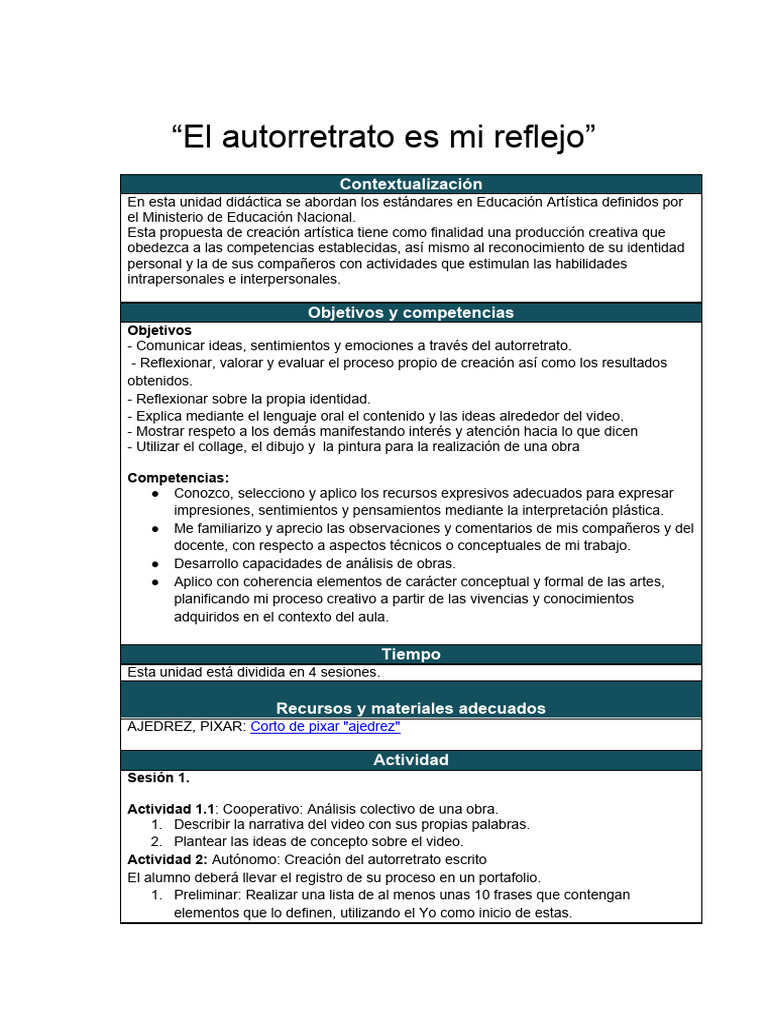 Unidad Didactica - El Autorretrato Es Mi Reflejo | PDF | Evaluación | Gramática