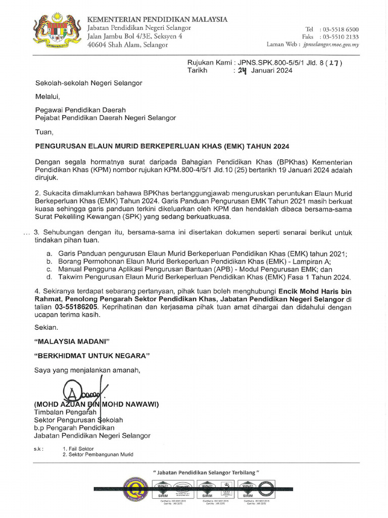 Pengurusan Elaun Murid Berkeperluan Khas (Emk) Tahun 2024 | PDF