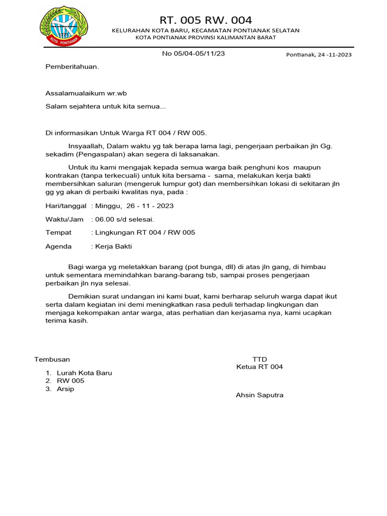 Undangan Kerja Bakti Warga RT 004 | PDF