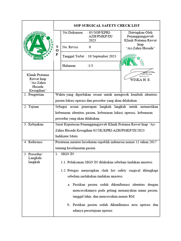 Sop Surgical Safety Checklist | PDF