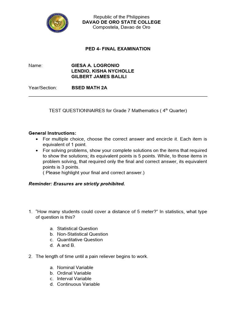 Group 4-PED 4 - Final Examination (TQ) | PDF | Statistics | Level Of Measurement