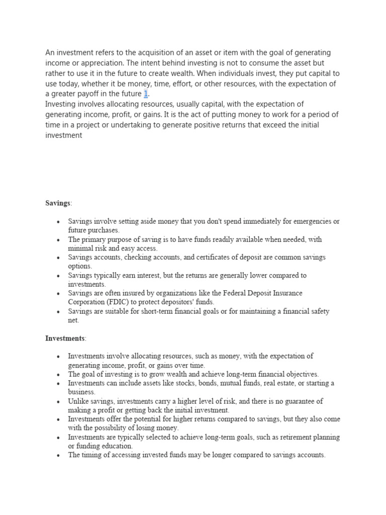 Saving vs. Investment Explained | PDF
