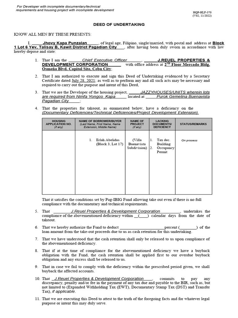 Developer's Deed of Undertaking for Housing | PDF | Economies | Government