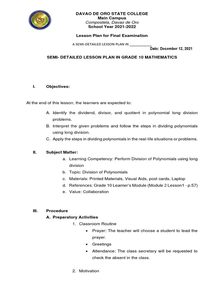 Logronio - Math 17 - Final Exam (Semi-Detailed Lesson Plan) | PDF ...