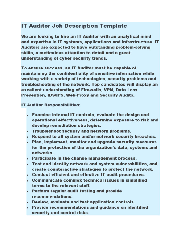IT Auditor Job Description Template | PDF | Computer Security | Security