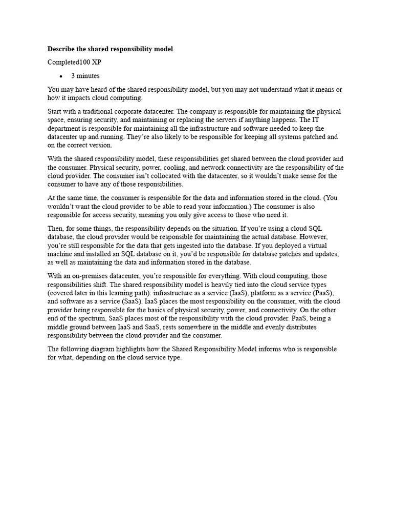 Describe The Shared Responsibility Model | PDF | Cloud Computing | Databases