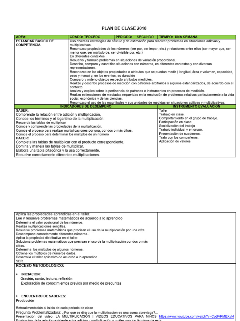 Plan de Clase Matematicas Tercero | PDF | Medición | Multiplicación