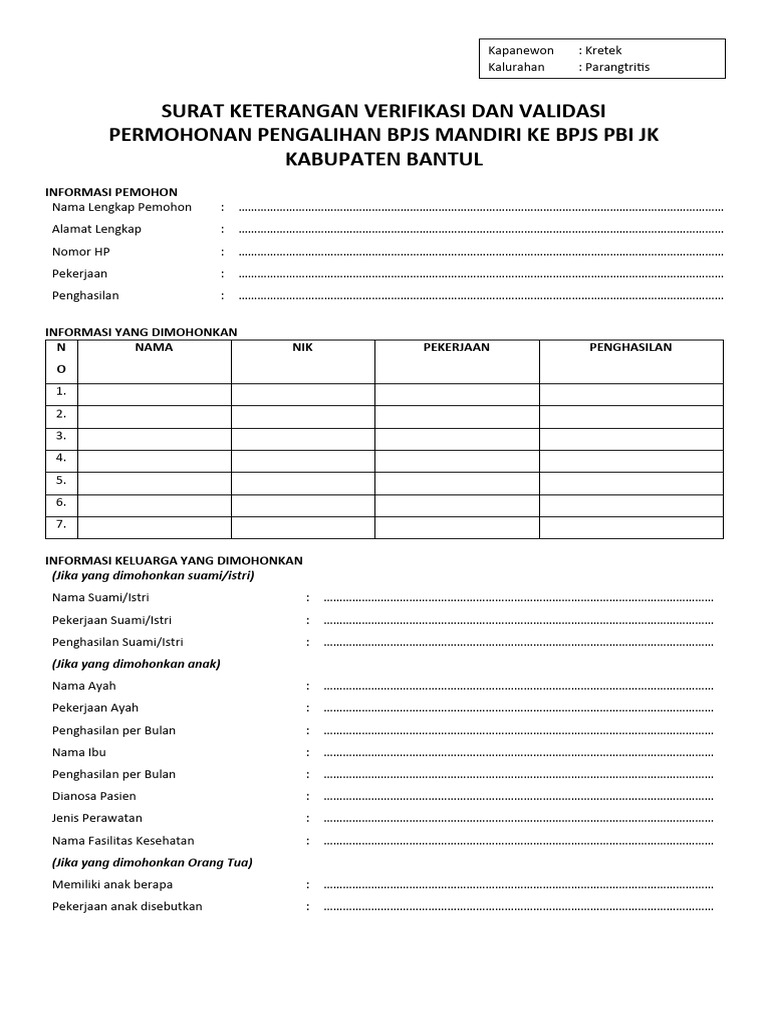 SURAT KETERANGAN VERIFIKASI DAN VALIDASI PENGALIHAN BPJS MANDIRI KE PBI (1) | PDF