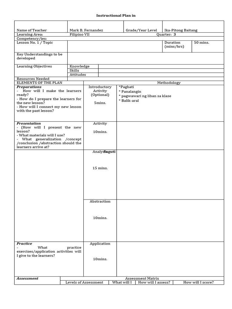 Iplan Template | PDF | Learning | Cognitive Psychology