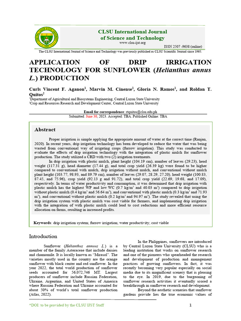 Application of Drip Irrigation Technology For Sunflower (Helianthus ...
