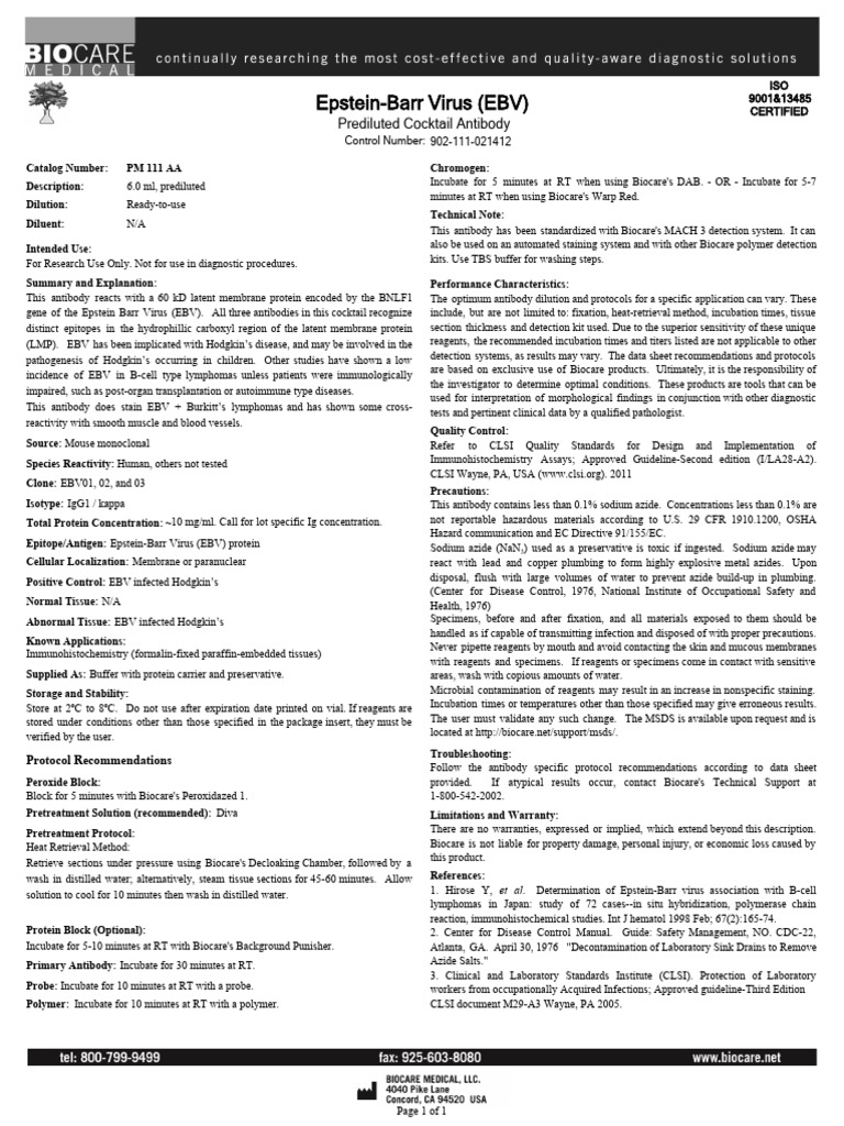 Epstein-Barr Virus (EBV) : Prediluted Cocktail Antibody | PDF ...