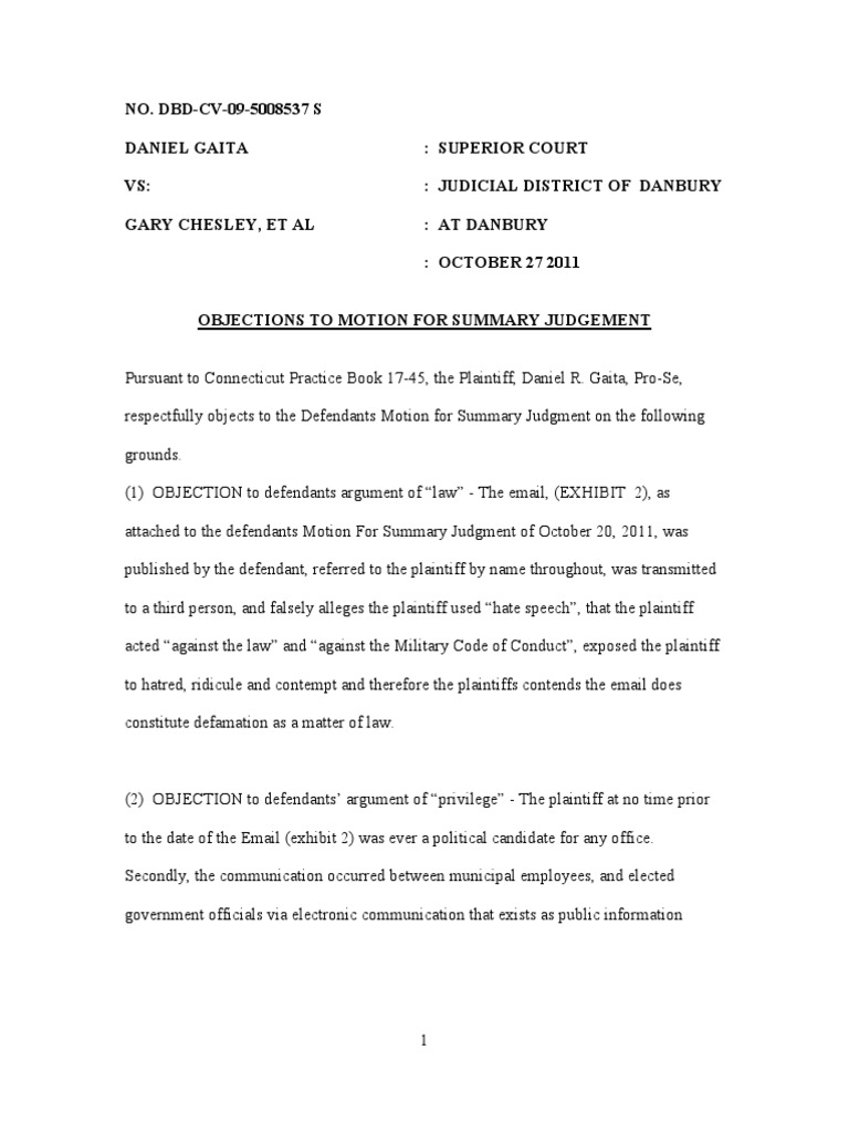 Objection To Motion For Summary Judgement | Summary Judgment | Defamation