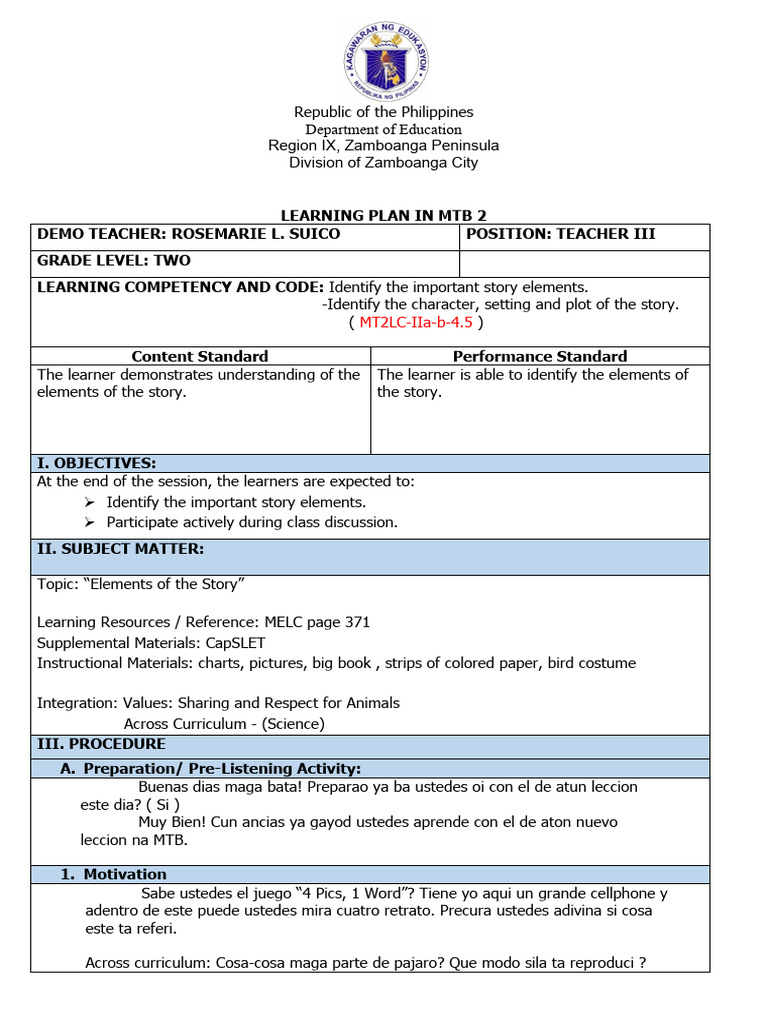 Lesson Plan MTB 2 | PDF