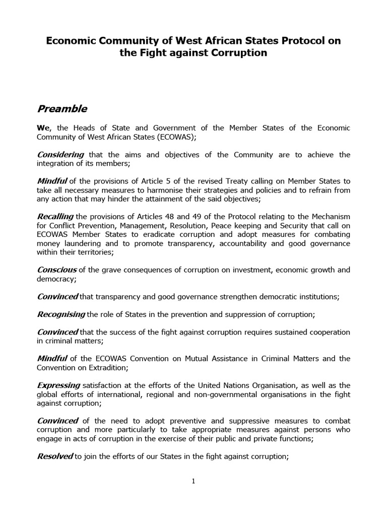 ECOWAS Anti-Corruption Protocol Overview | PDF | Treaty | Extradition
