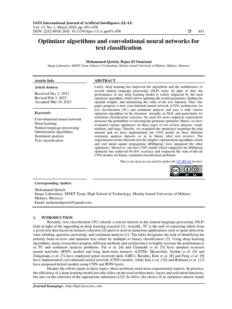 Optimizer Algorithms and Convolutional Neural Networks For Text Classification | PDF | Deep ...
