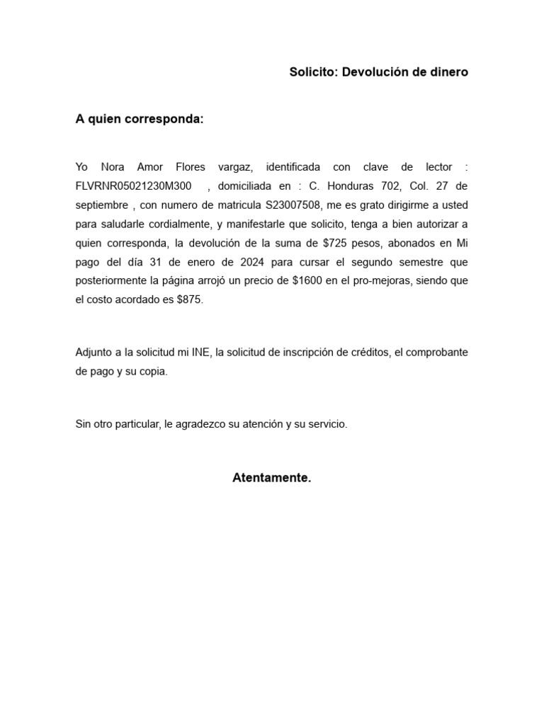 Oficio para Solicitar Devolucion de Dinero | PDF