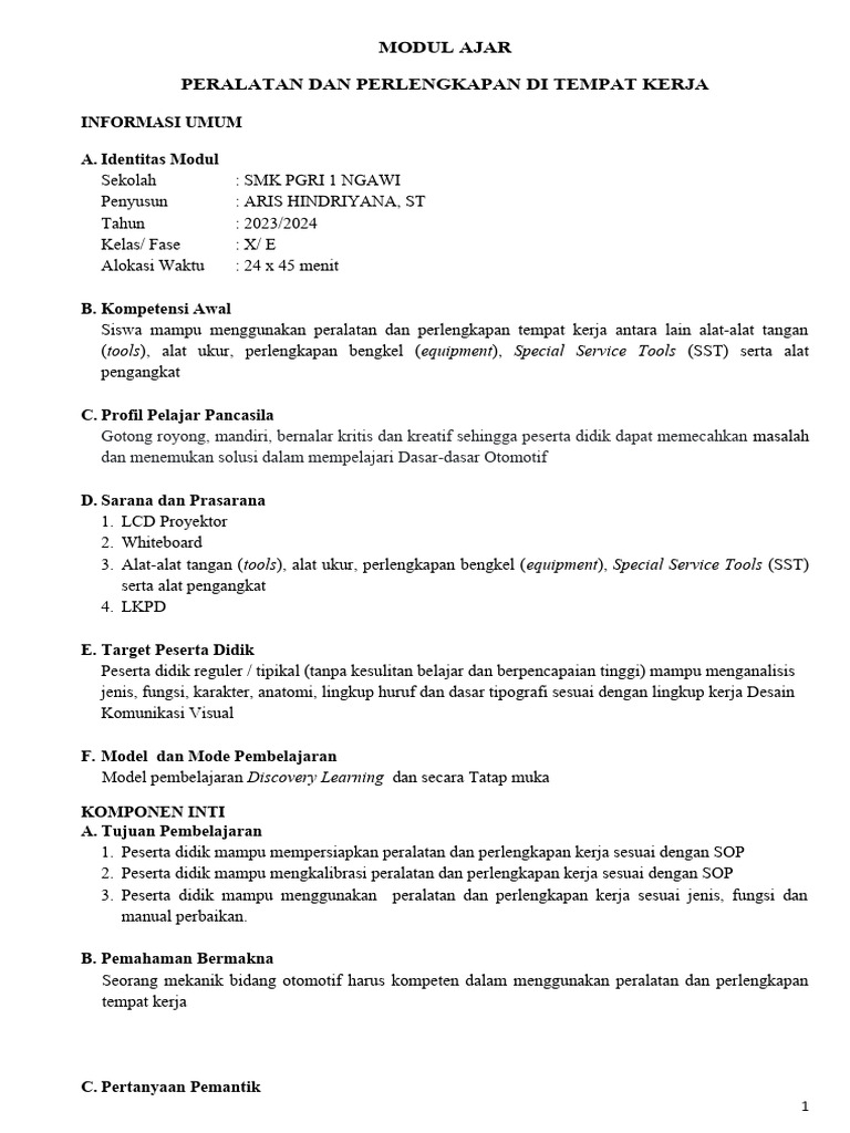 Modul Ajar 7 Peralatan Dan Perlengkapan Di Tempat Kerja | PDF