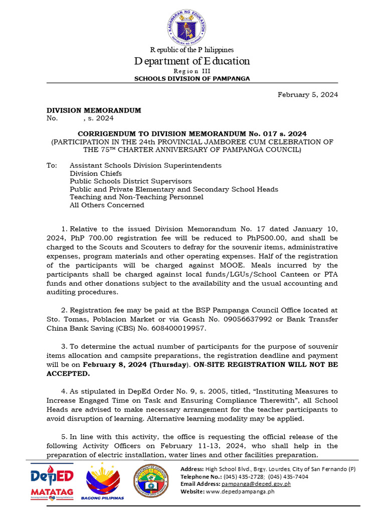Division Memorandum Corrigendum To 24th BSP ProJam 2024 1 | PDF
