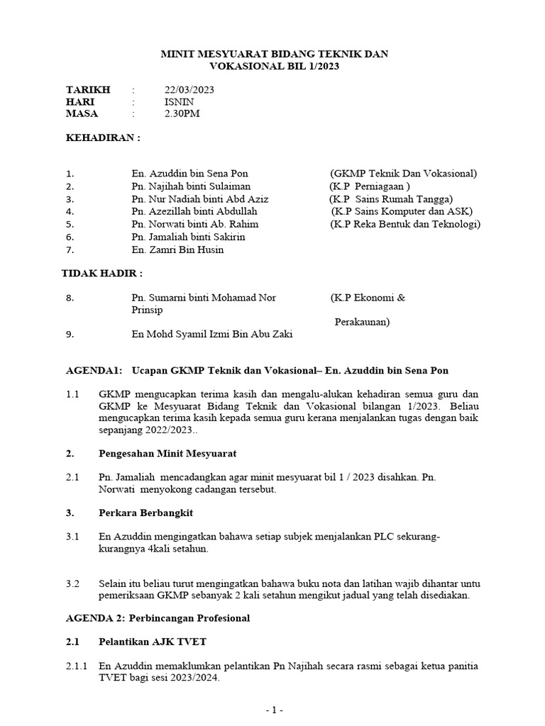 Minit Mesyuarat Bil1 2023 | PDF