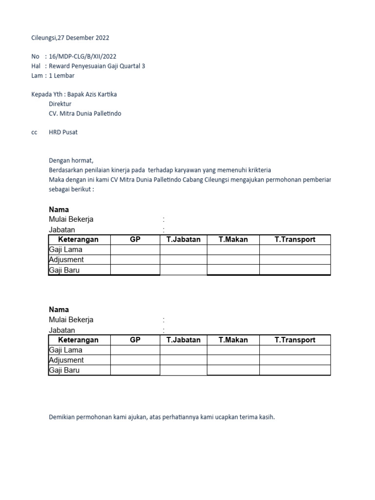 Surat Pemberian Reward Karyawan | PDF