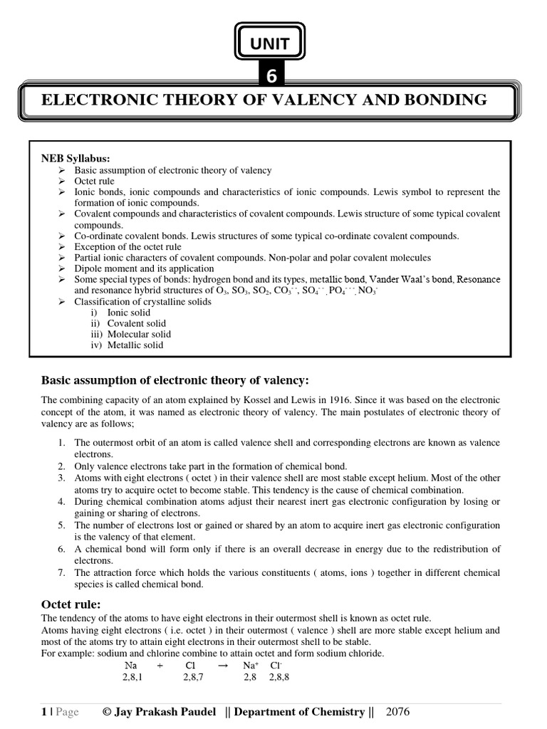 Electronic Theory of Valency &bonding | Download Free PDF | Chemical Polarity | Chemical Bond