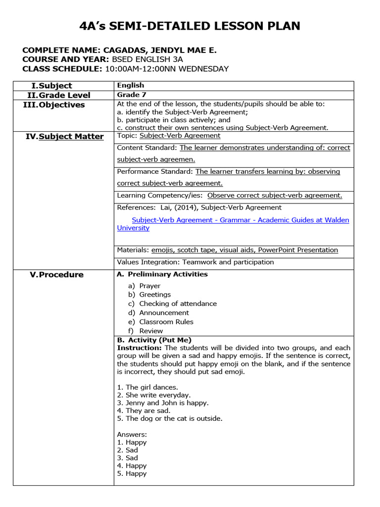 Bsed Eng - Lesson Plan Format | PDF | Grammatical Number | Plural