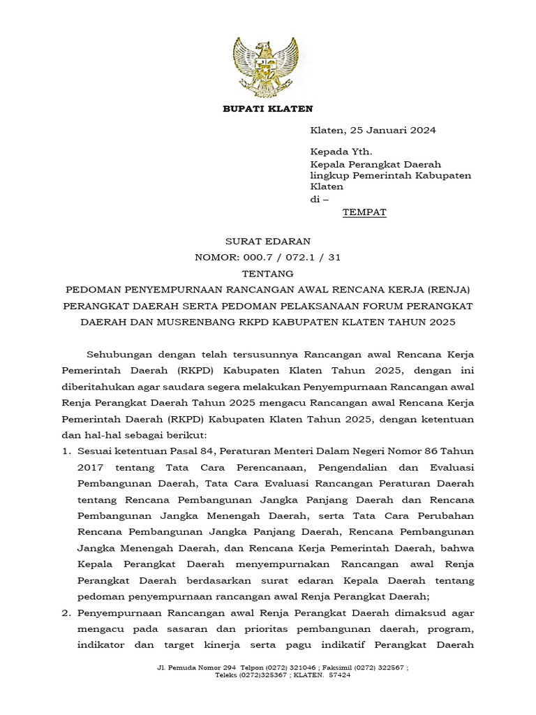 Se Pedoman Penyempurnaan Rancangan Awal Renja 2025 | PDF