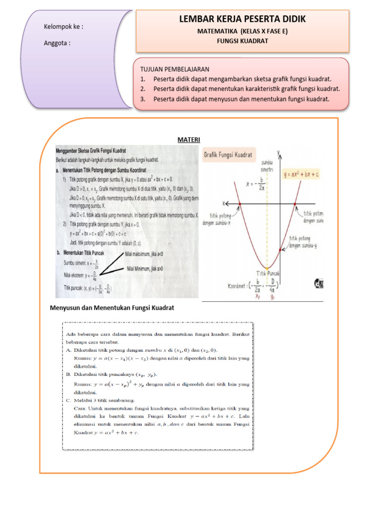 LKPD FUNGSI KUADRAT Menggambar Grafik FK | PDF