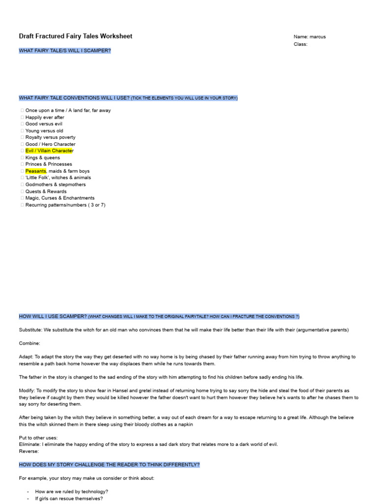Fractured Fairy Tales Draft Yr 7 Task 2 | PDF | Fairy Tales | Hansel ...
