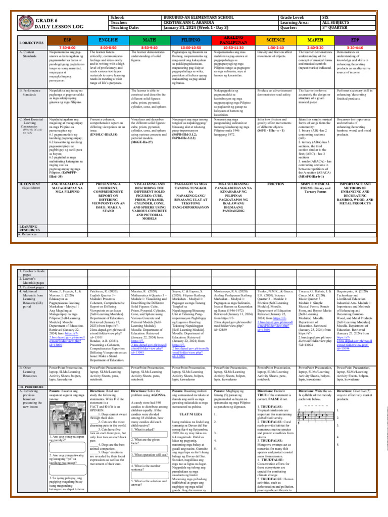 Grade 6 DLP Q3 W1D3 | PDF | Friction | Learning