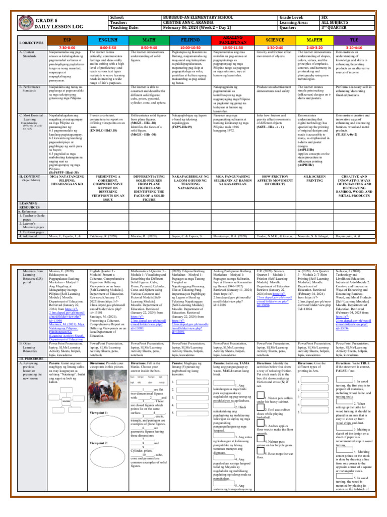 Grade 6 DLP Q3 W2D2 | PDF | Shape | Learning
