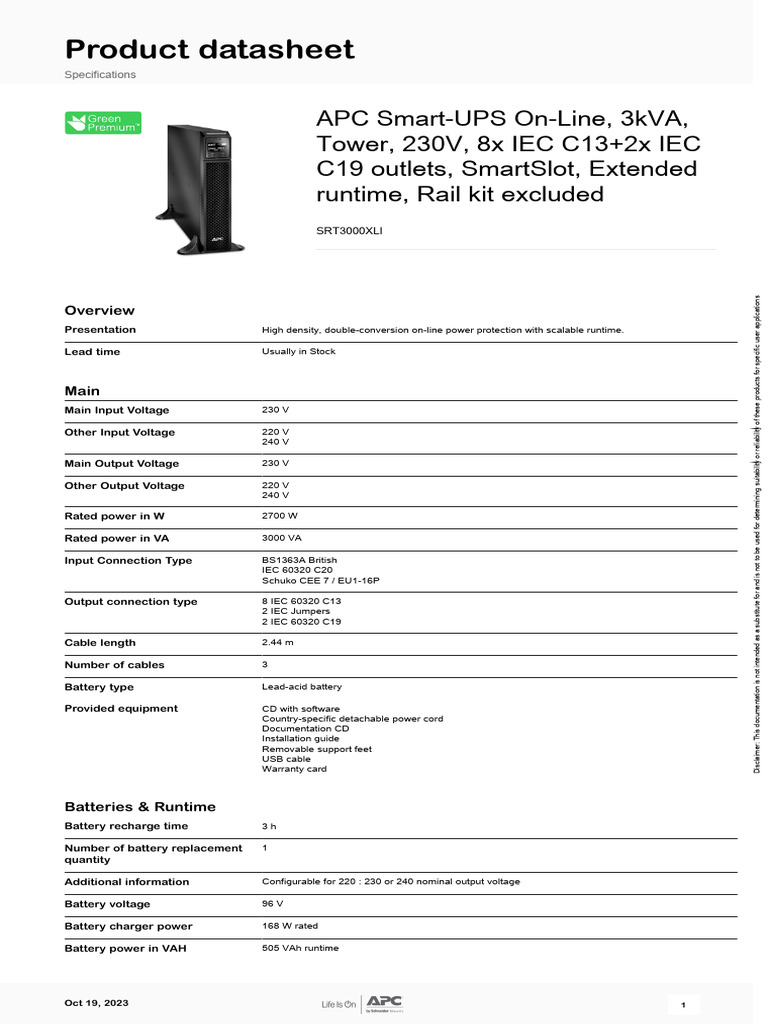 APC Smart-UPS SRT3000XLI Datasheet | PDF | Electrical Engineering ...