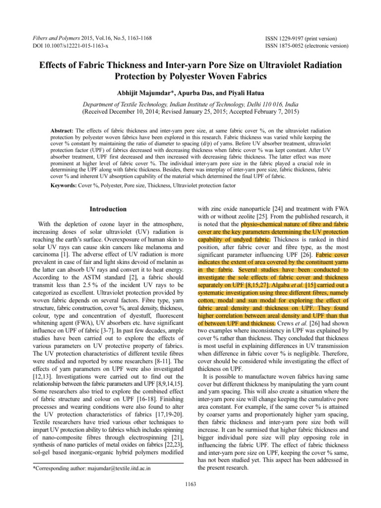 Effects of Fabric Thickness and Inter-Yarn Pore Size On Ultraviolet ...