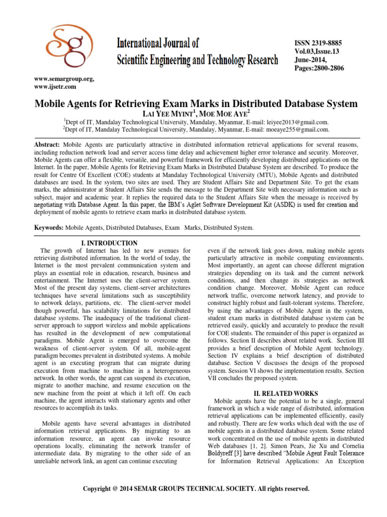 Mobile Agents For Retrieving Exam Marks | PDF | Databases | Computer Network