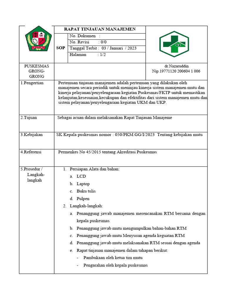 SOP Rapat Tinjauan Manajemen | PDF