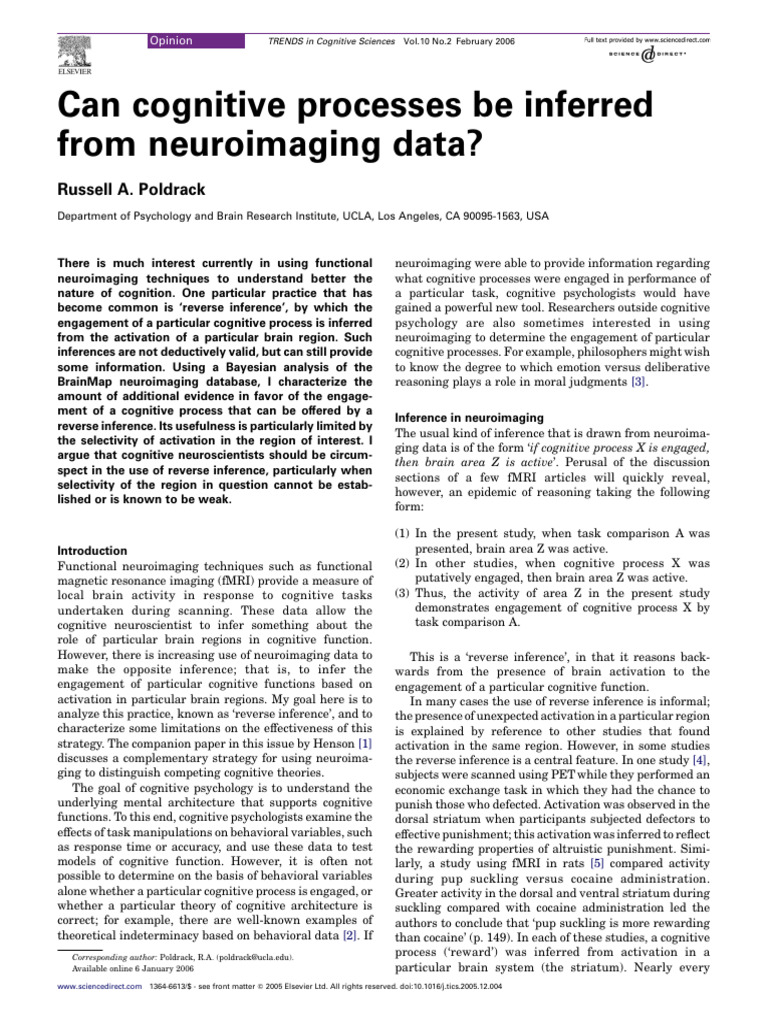 Poldrack - Can Cognitive Processes Be Inferred From Neuroimaging Data ...