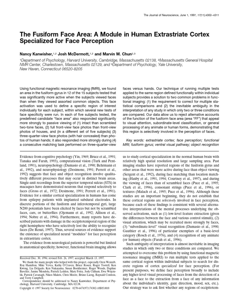 Kanwisher - The Fusiform Face Area | PDF | Perception | Functional ...