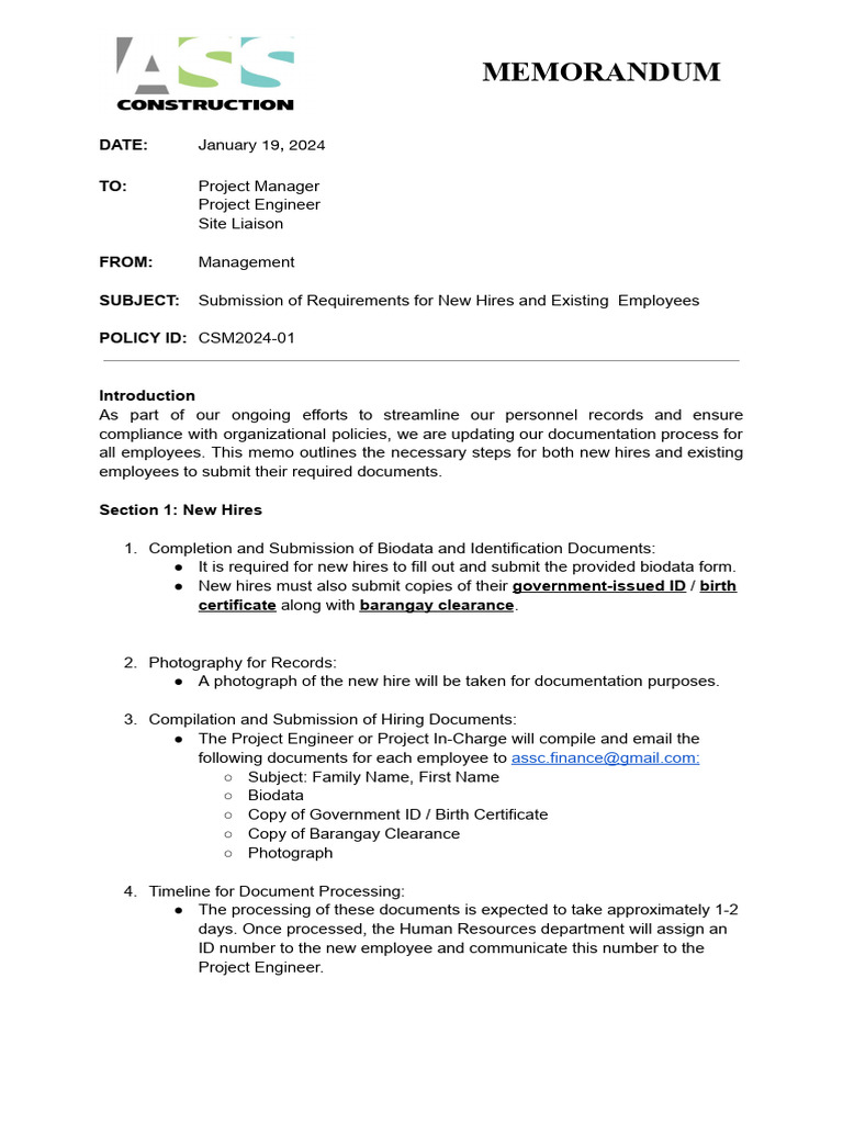 CSM2024 01 - Submission of Requirements For New Hires and Existing ...