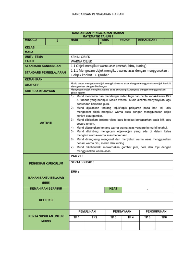 RPH Math Tahun 1 (Unit 1 Kenal Objek) | PDF