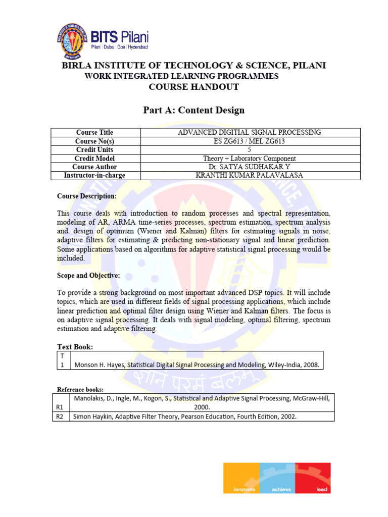 Eszg613 Course Handout | PDF | Signal Processing | Kalman Filter