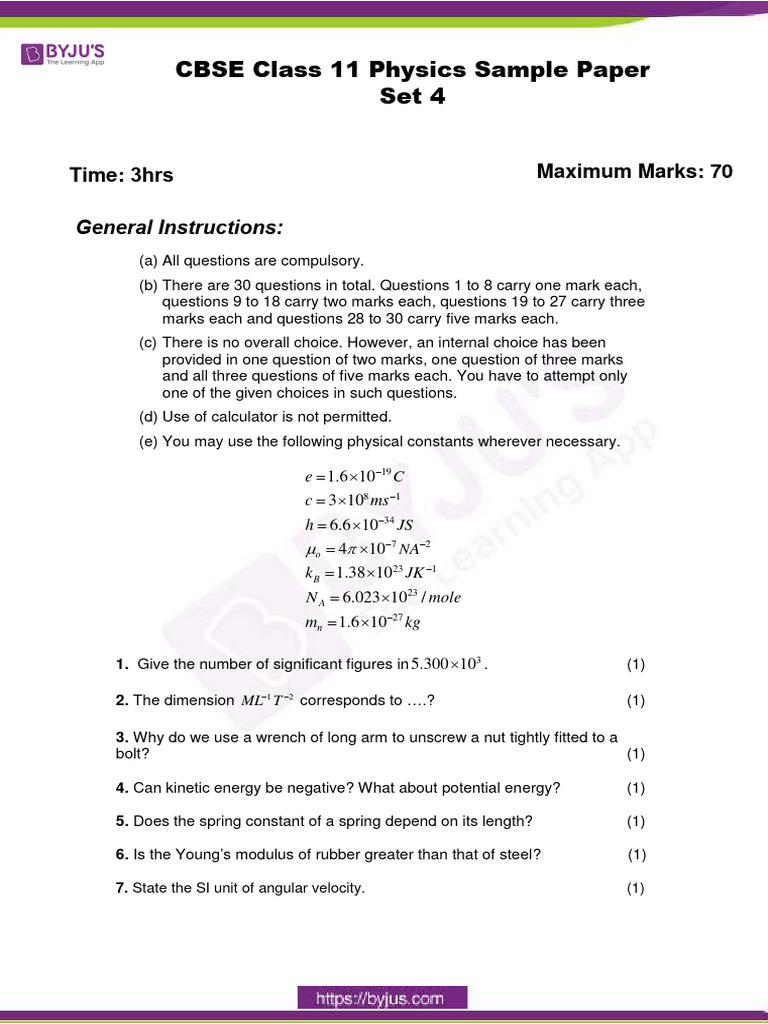 CBSE Class 11 Physics Sample Paper Set 4 | Download Free PDF | Acceleration | Momentum