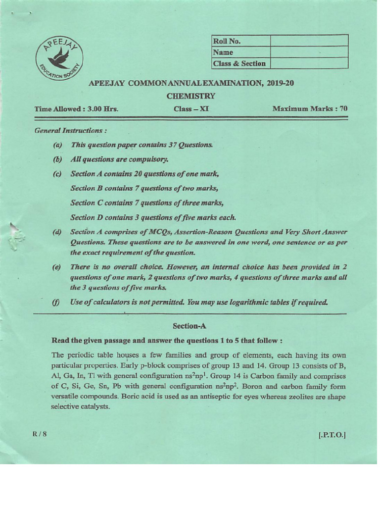 Class11 Chemistry CBSE Class 11 Chemistry Previous Year Question Paper ...
