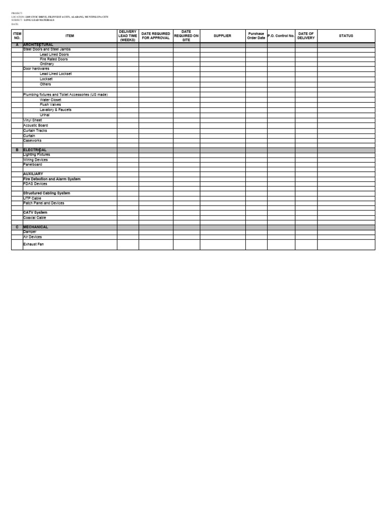 Long Lead Materials for Construction Project | PDF
